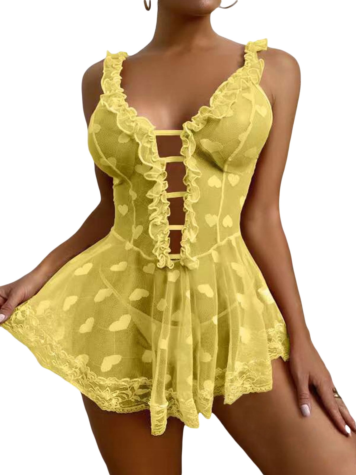 Genuiskids Women's Sexy Plus Size Lingerie Nightdress Lingerie Sleeveless Ruffled Lace Deep V ...