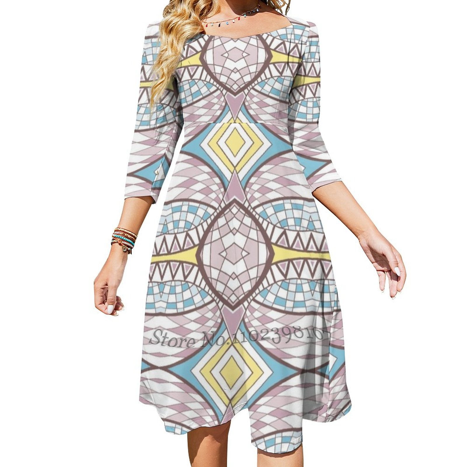 Geo Heart Pattern Square Neck Dress New Plus Size Elegant Women Waist ...