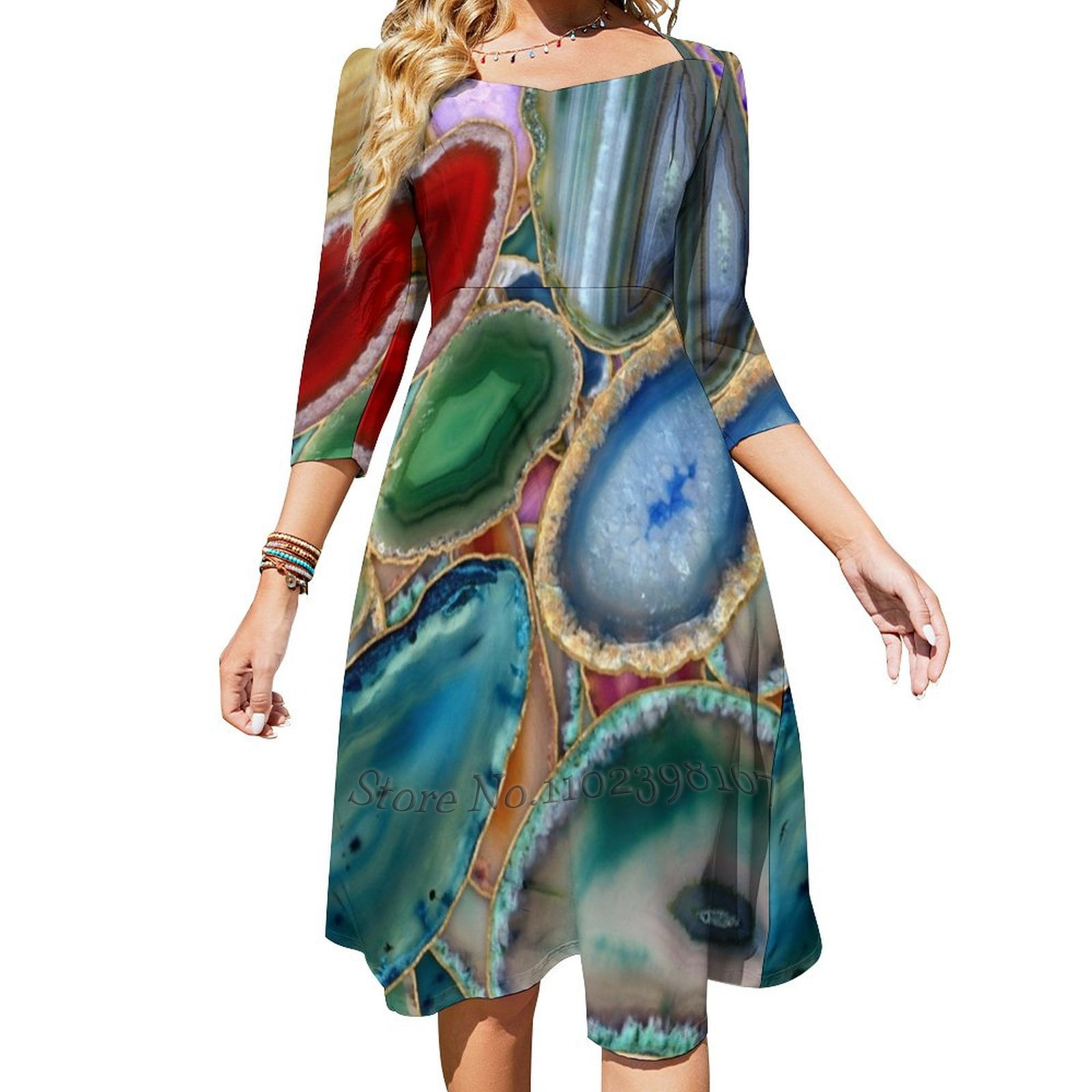 Geodes Crystal Pattern-Multicolor Square Neck Dress Sweet Summer Dress ...
