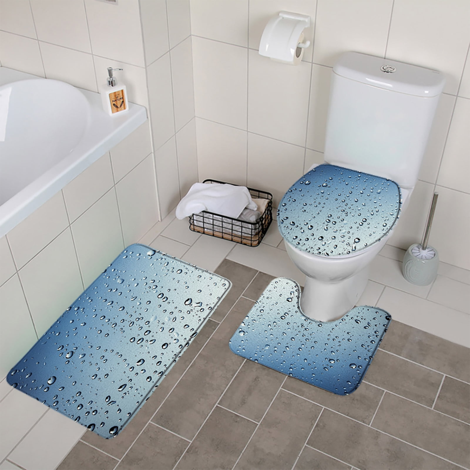 Geometric 3pcs Bath Mat Set Black white Check Stripes Bamboo Marble ...