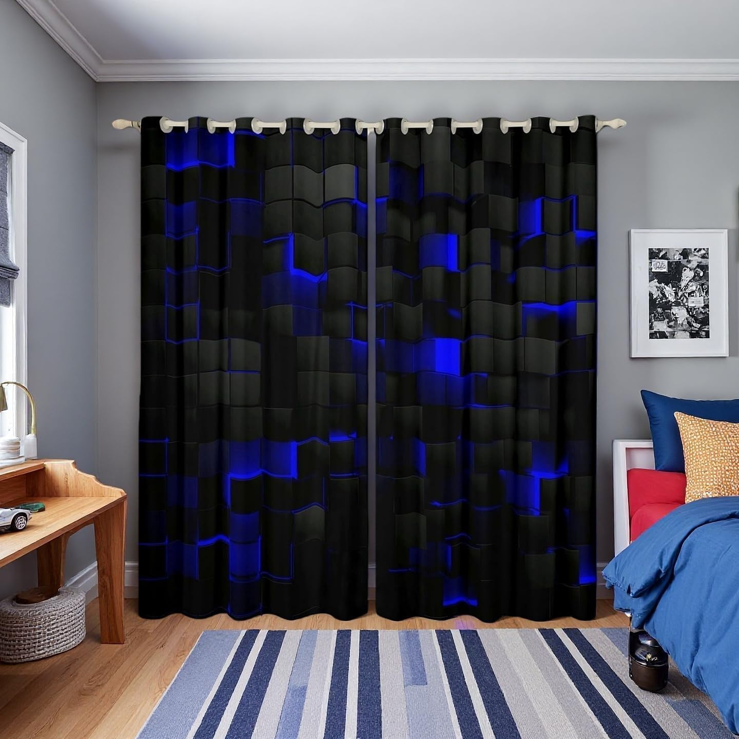 Geometric 50% Blackout Curtains 42" Wx90 L Black Navy Royal Blue Window ...