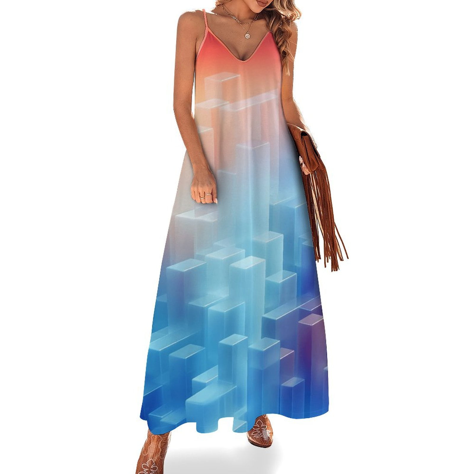 Geometric Abstract 3D Gradient Futuristic Cubes Sleeveless Dress Women ...