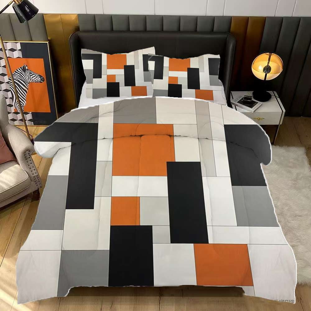 Geometric Abstract Art Black Orange Grey Comforter Set Queen Size ...