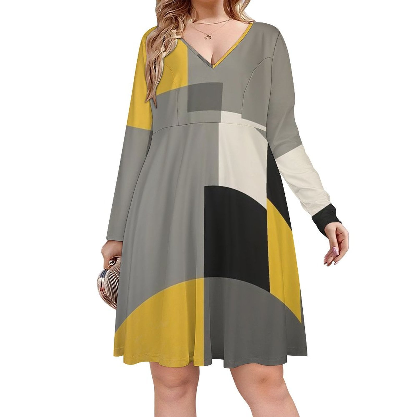 Geometric Abstract Art Black Yellow Grey Long Sleeve Dresses For Women ...