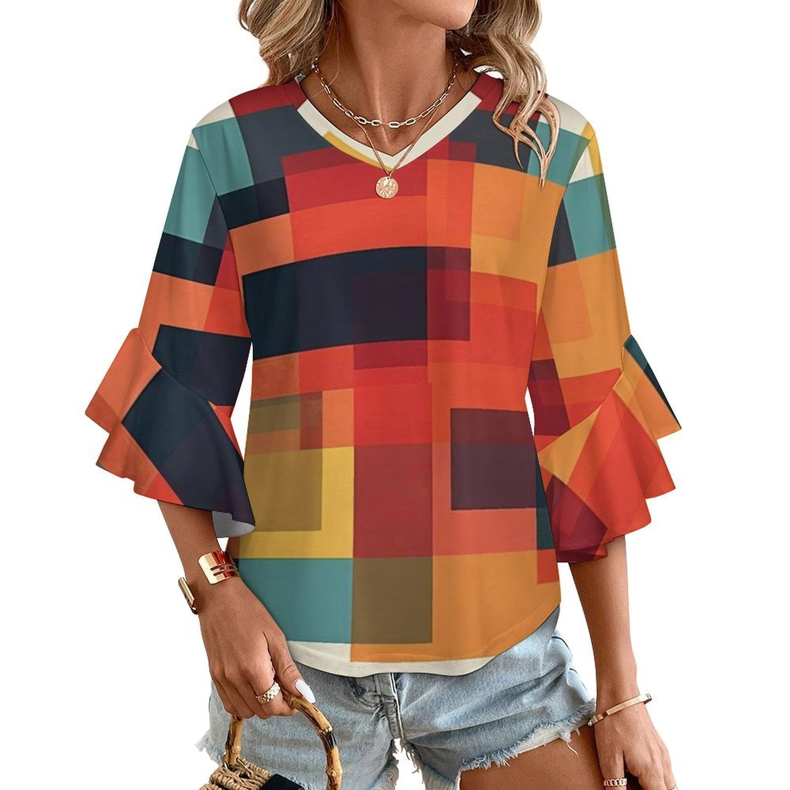 Geometric Abstract Art Colorful Squares Women's V-Neck Blouse With 3/4 ...