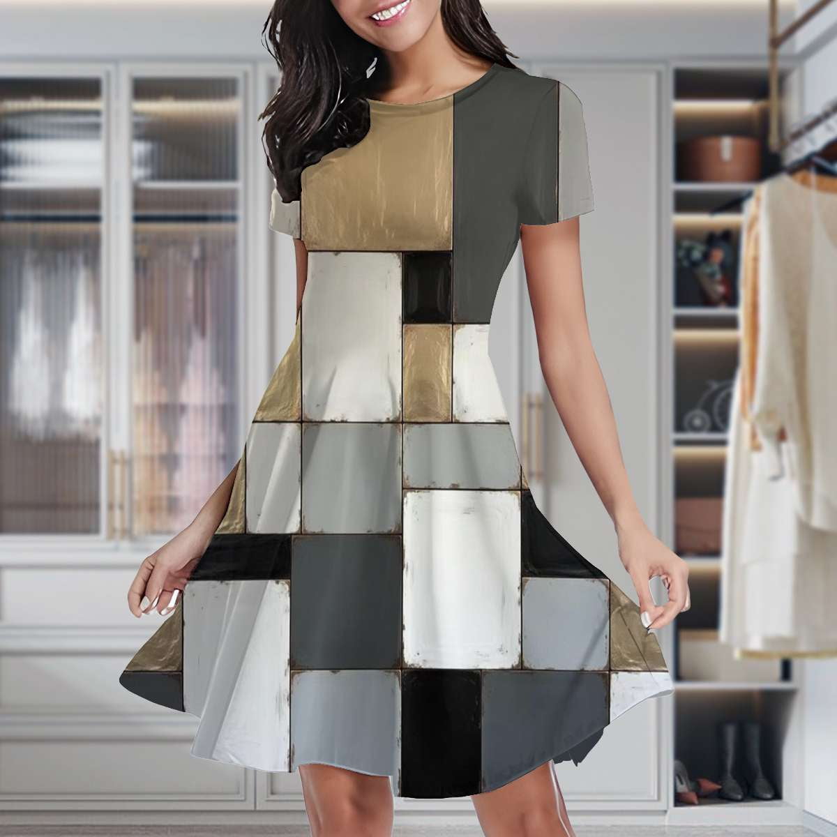 Geometric Abstract Art Gray Black Gold Vinatge Women's Classic Swing Skater Dress Casual Work ...