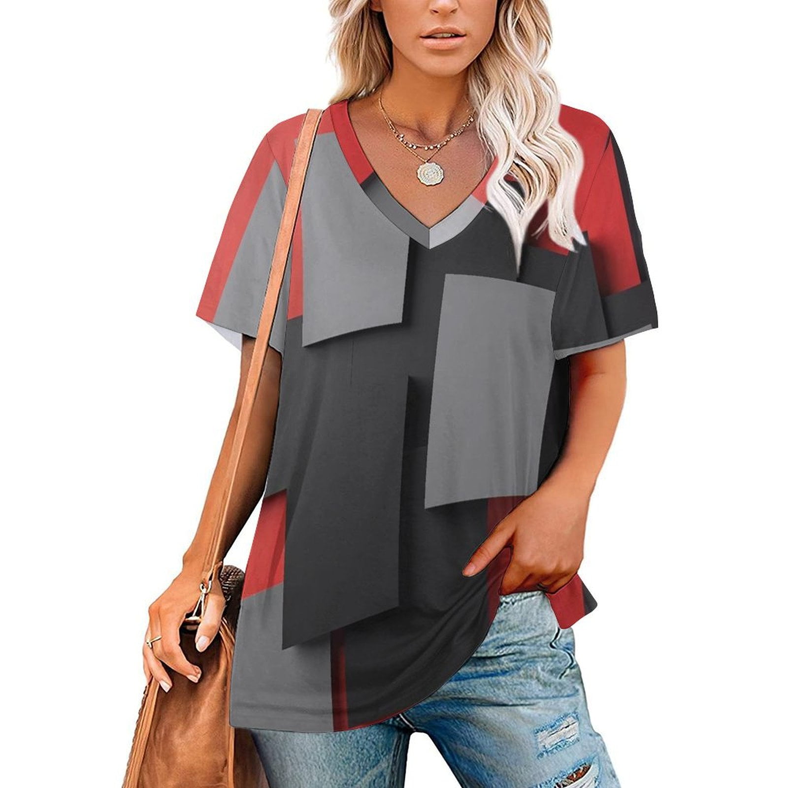 Geometric Abstract Art Red Black Grey V Neck Korean Fashion Oversize T ...