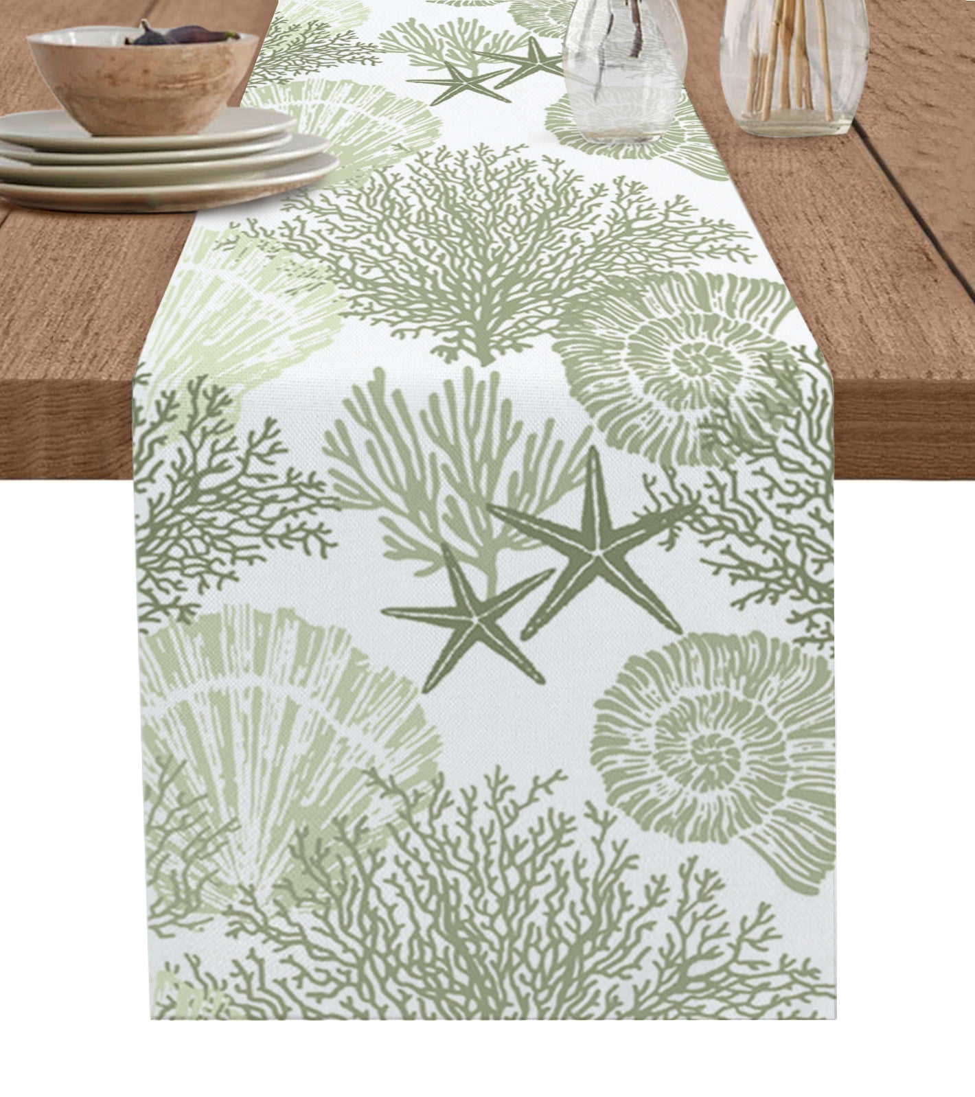 Geometric Abstract Green Ocean Coral Shell Star Table Runner ration ...