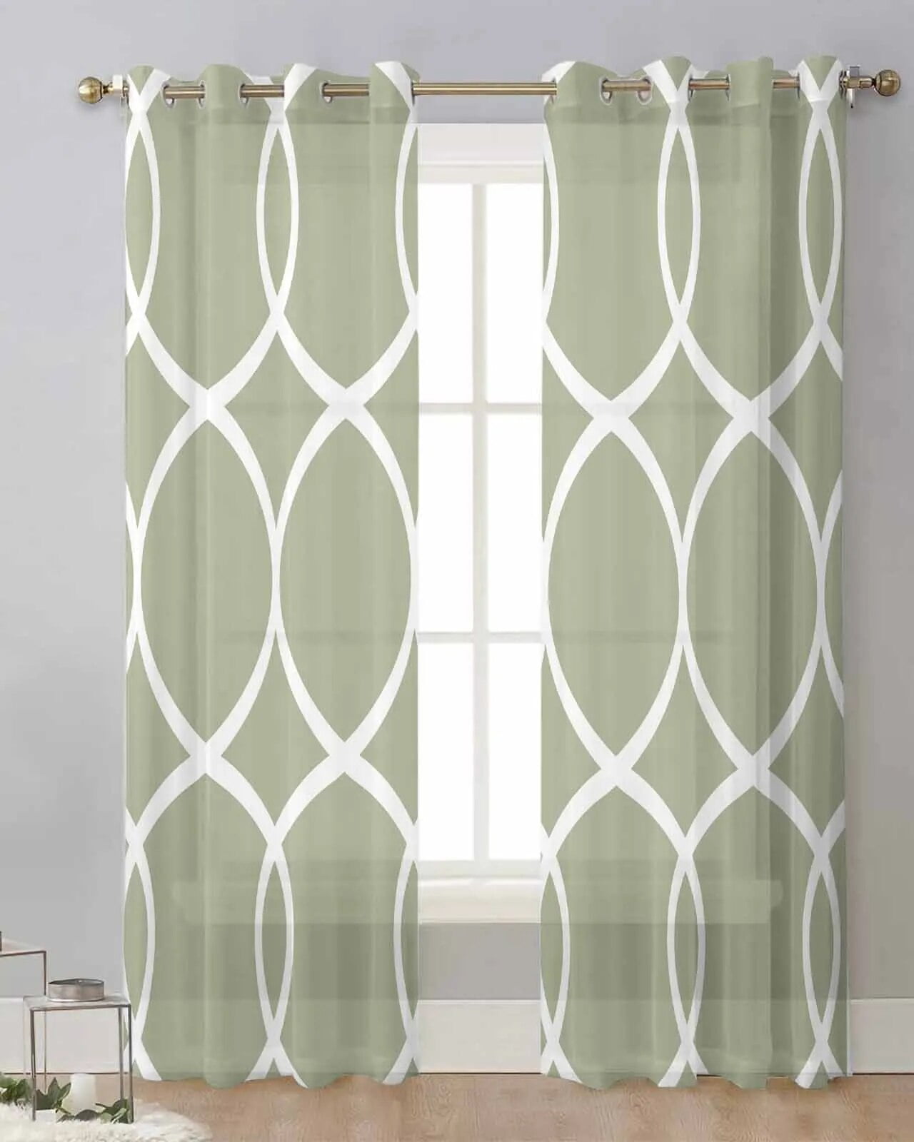 Geometric Abstract Line Sage Green Sheer Curtains For Living Room Window Transparent Voile Tulle ...