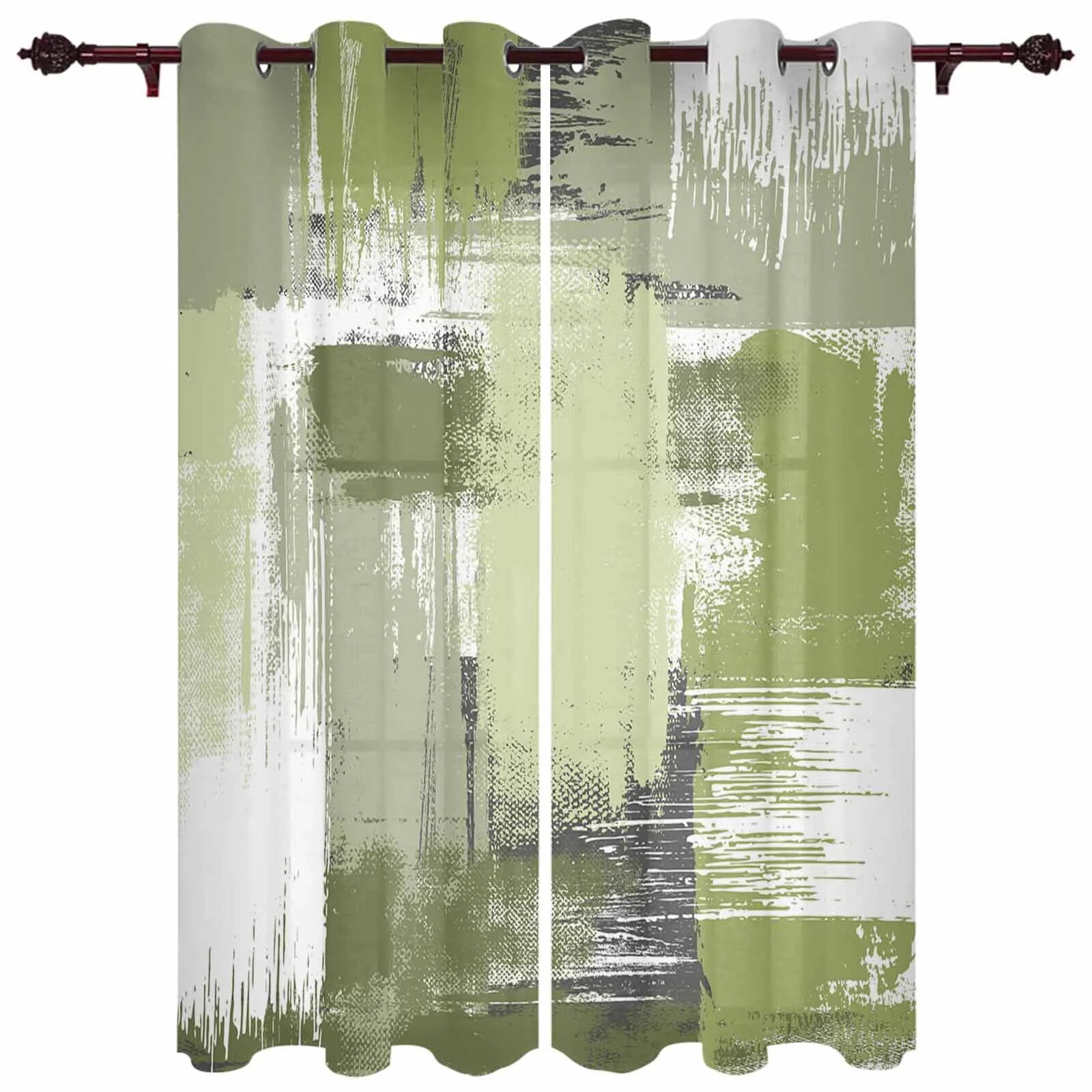 Geometric Abstract Oil Painting Sage Green Window Curtains for Living ...
