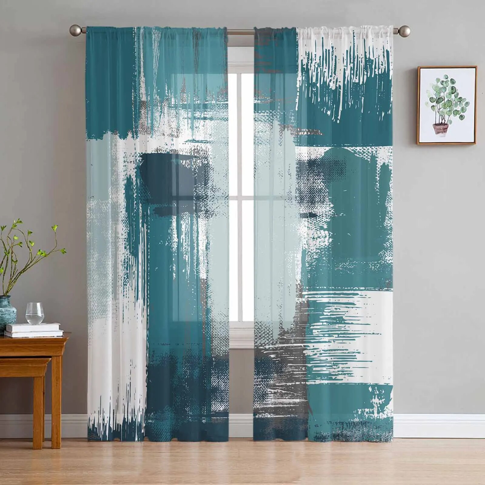 Geometric Abstract Oil Painting Voile Curtains for Bedroom Window Tulle ...