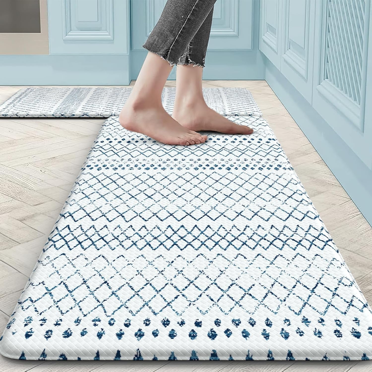 Geometric Anti Fatigue Kitchen Mats, Waterproof Non-Slip Cushioned Blue ...