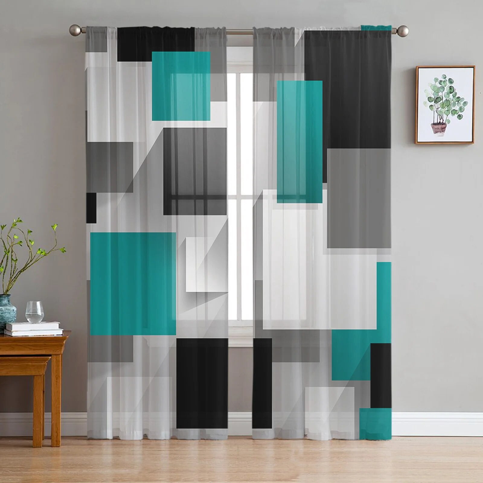 Geometric Aqua Green Abstract Tulle Curtains For Living Room Kitchen ...