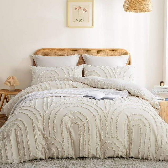 Geometric Arch Pattern Tufted Microfiber Duvet Cover Set Beige Boho ...