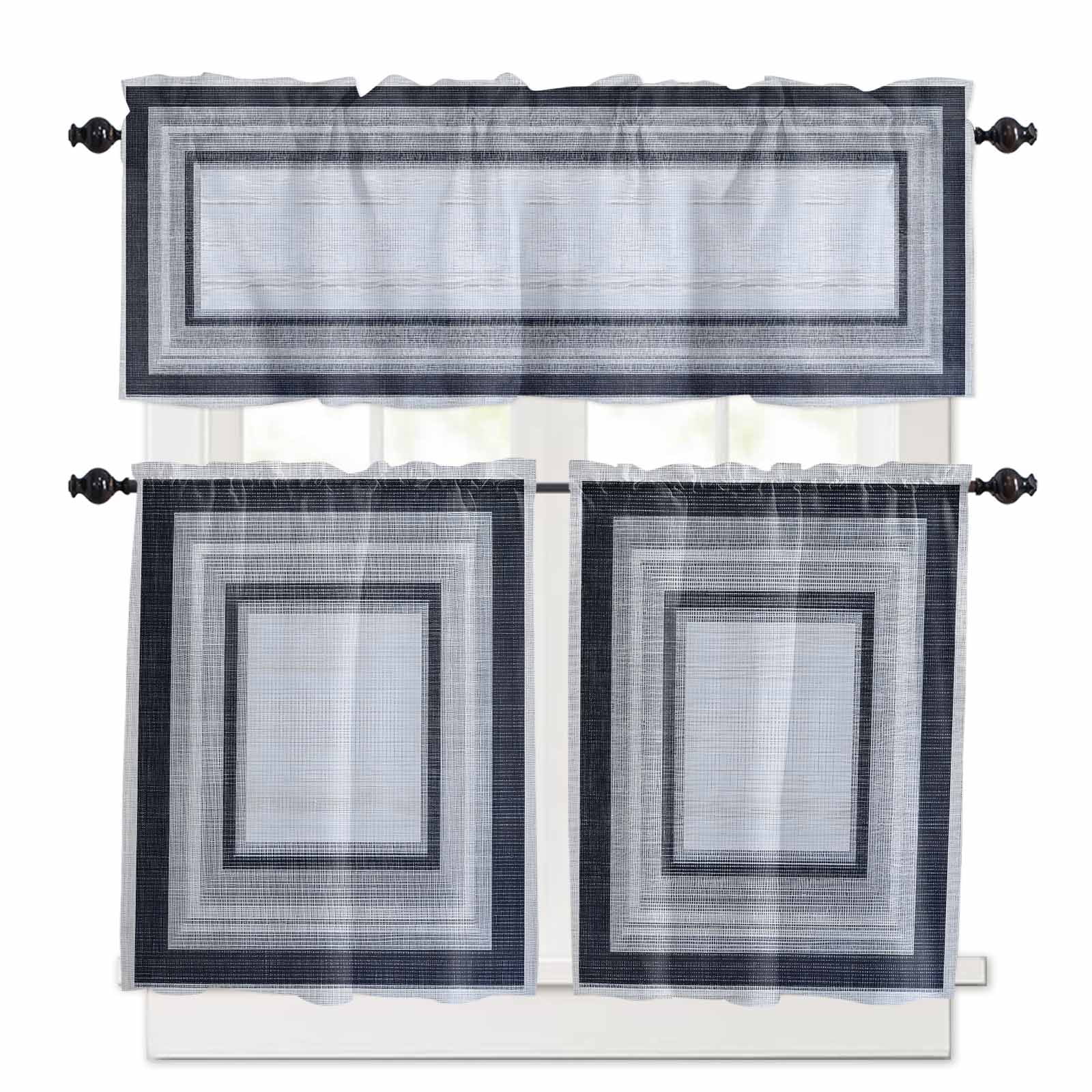 Geometric Art Kitchen Curtains Valance and Tier Set Black Gray Gingham ...