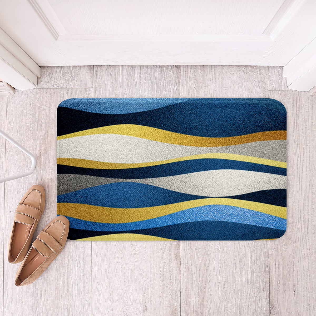 Geometric Bathroom Rugs Blue Yellow Gold Stripes Abstract Art Bath Rugs ...