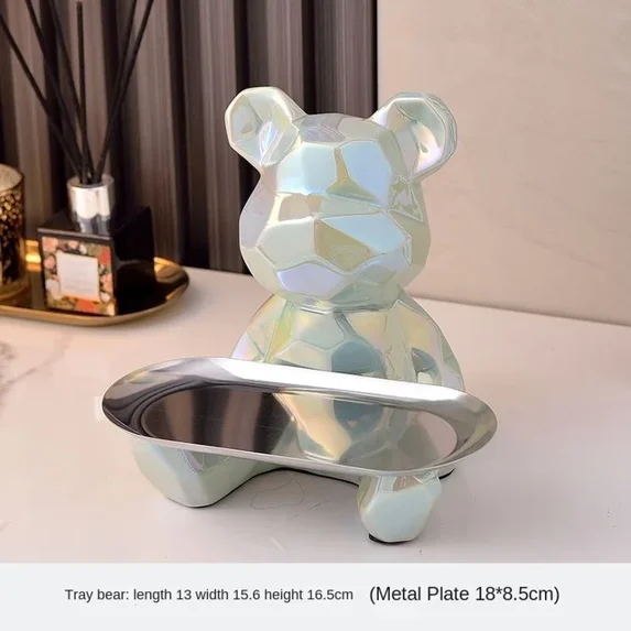 Geometric Bear Statue with Tray Storage Ceramic Plating Piggy Bank Key ...