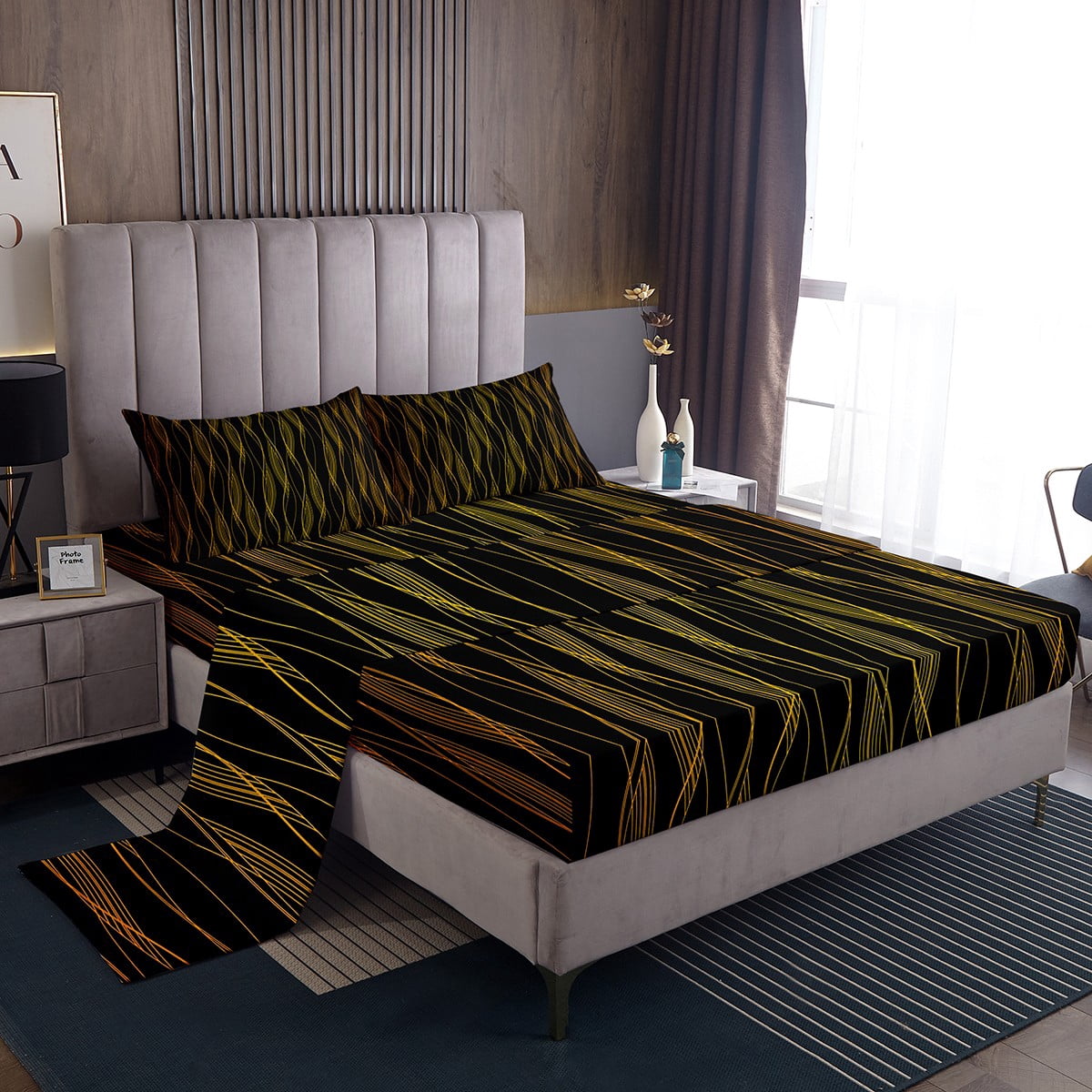 Geometric Bed Sheets Black Gold Abstract Art Stripes Bedding Set Twin ...