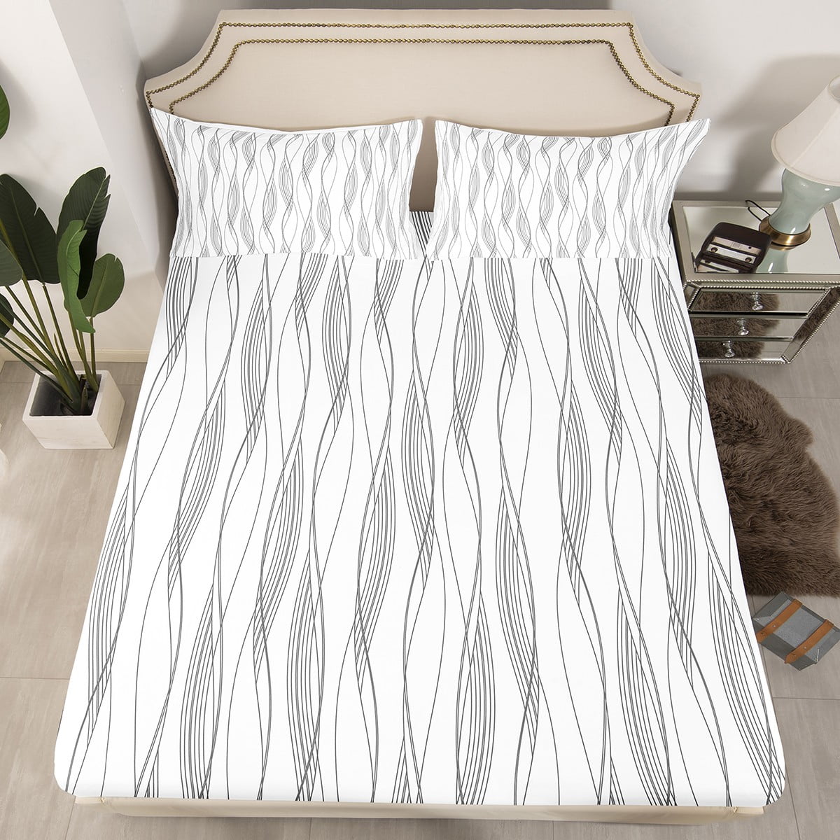 Geometric Bedding Set Abstract Art Striped Gray White Fitted Sheet Full ...