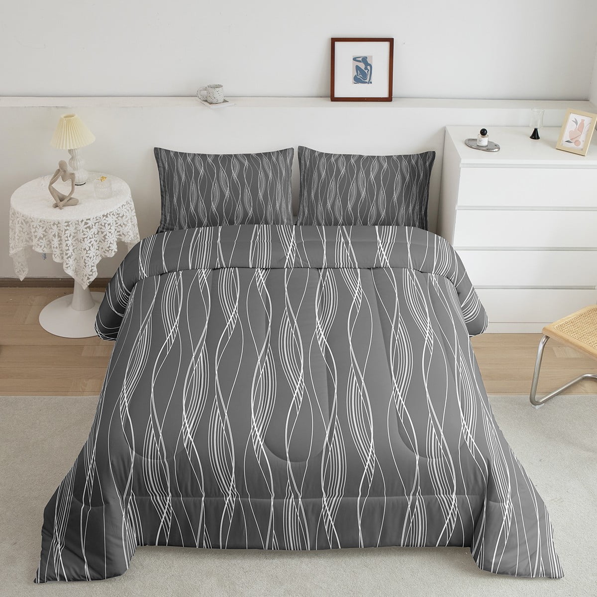 Geometric Bedding Set Abstract Art Striped White Grey Comforter Set ...