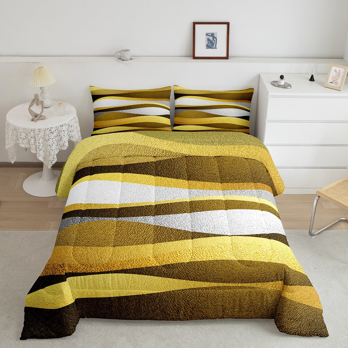 Geometric Bedding Set Gold Brown Yellow Stripes Geometry Abstract ...
