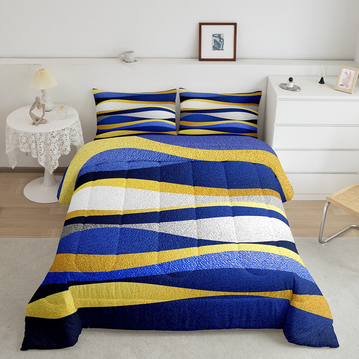 Geometric Bedding Set Navy Blue Gold Stripes Geometry Abstract ...