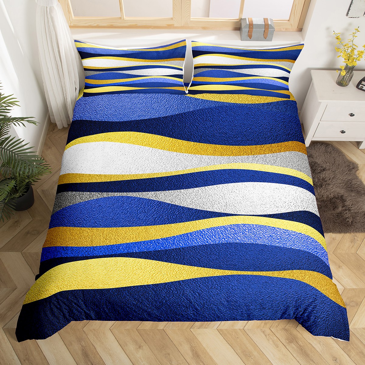 Geometric Bedding Set Navy Blue Gold Stripes Geometry Abstract Duvet ...
