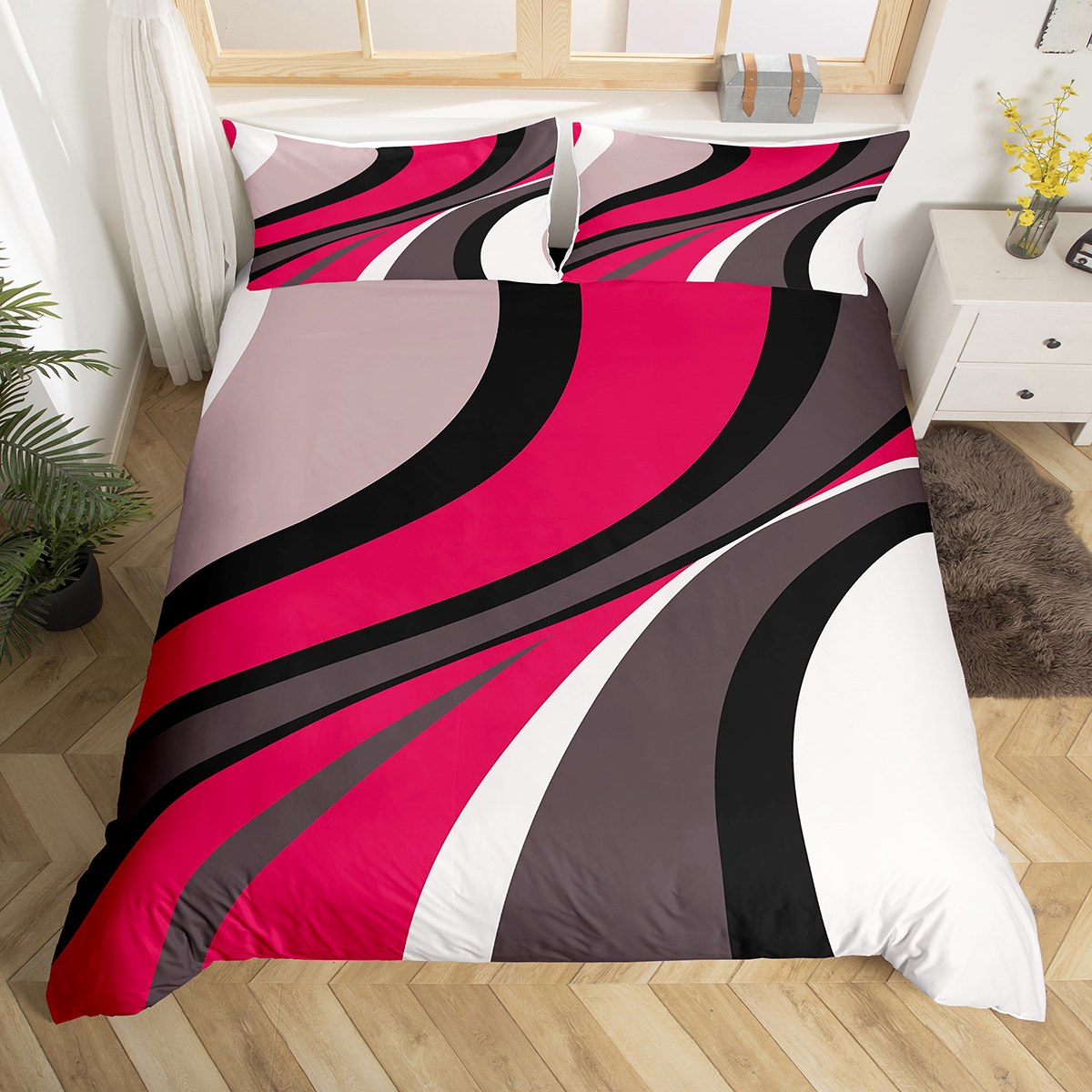 Geometric Bedding Set Queen Size 3 Piece, Pink Purple Gray Duvet Cover ...