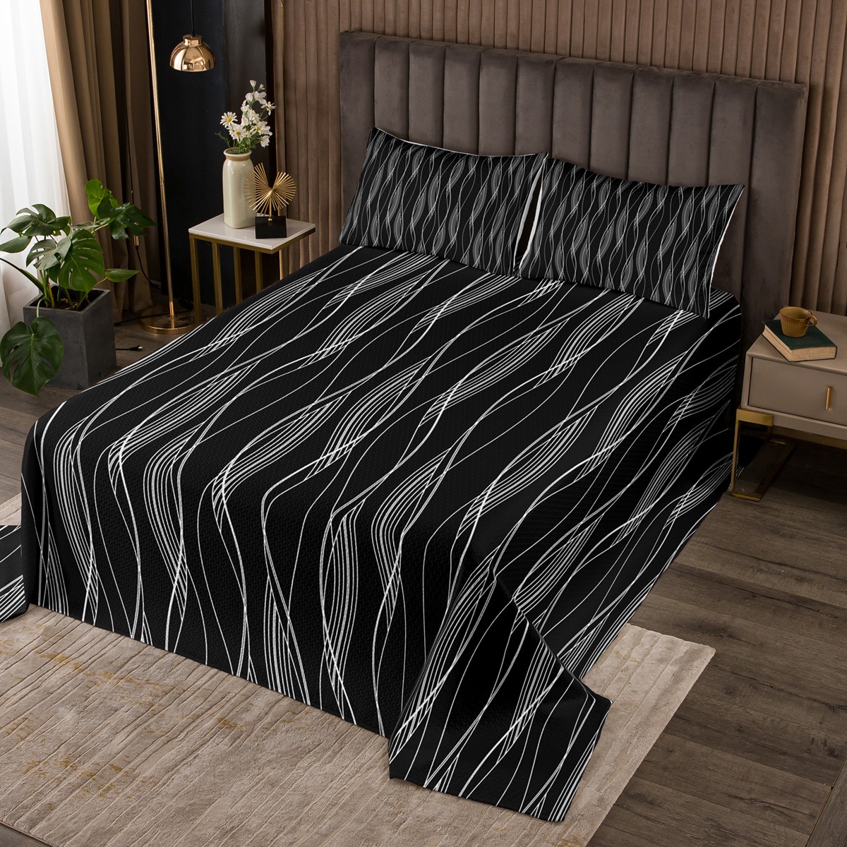 Geometric Bedspread Set Black White Abstract Art Stripes Bedding Set Twin,Retro Irregular ...