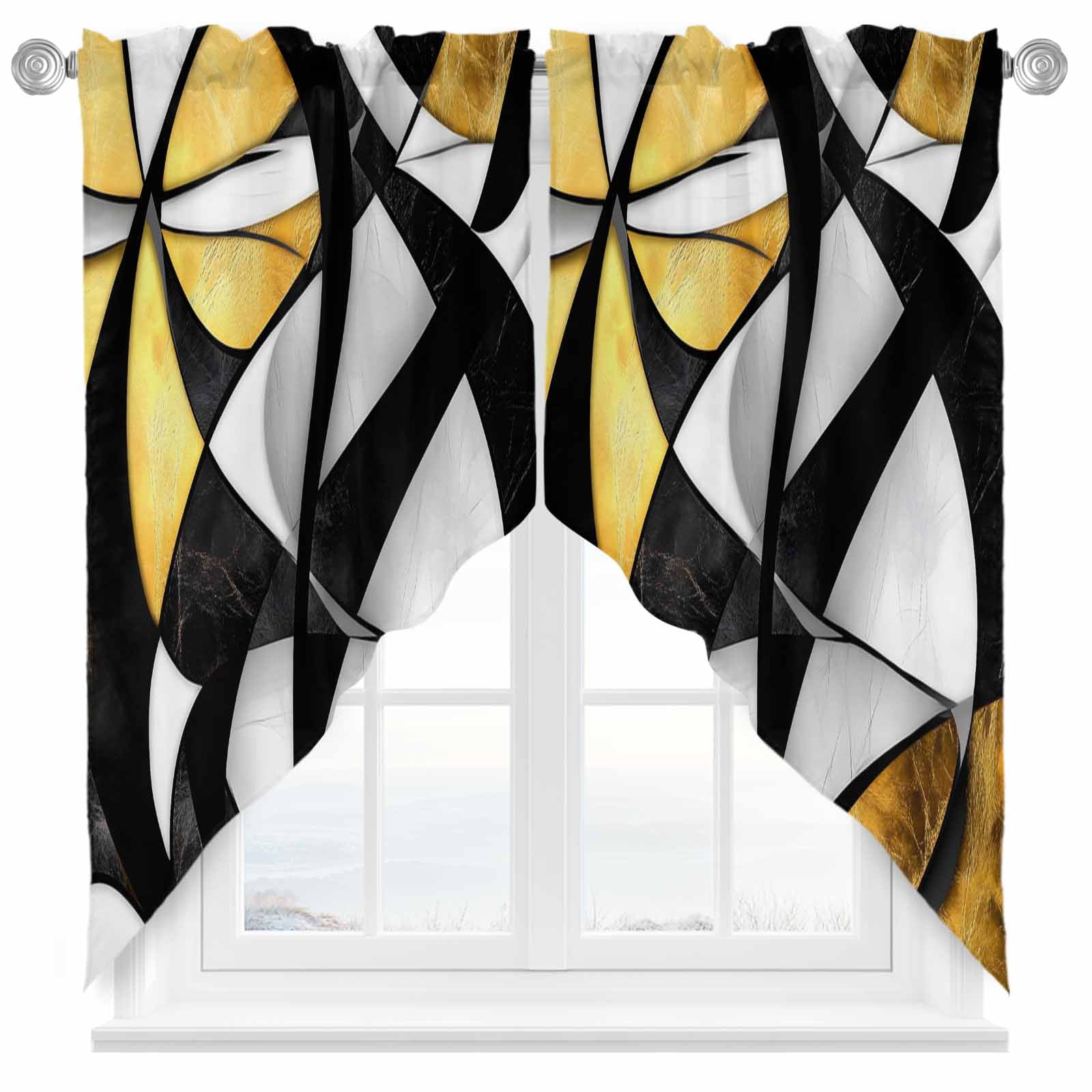 Geometric Black Gold Swag Curtain Valance for Windows, Line Street Art ...