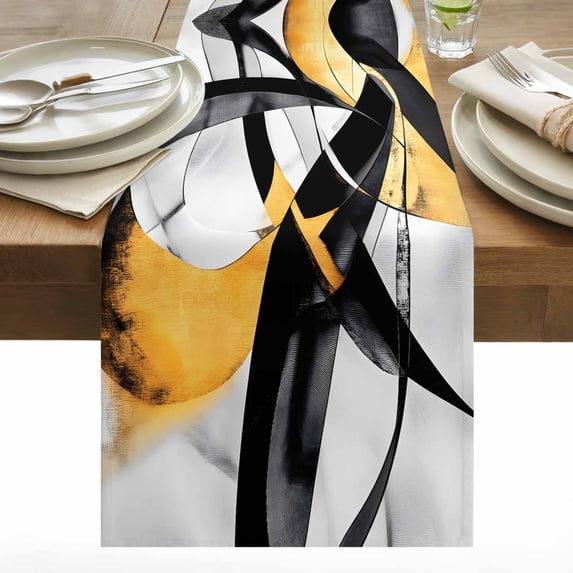 Geometric Black Gold Table Runner 13x108 inch Abstract Line Street Art ...