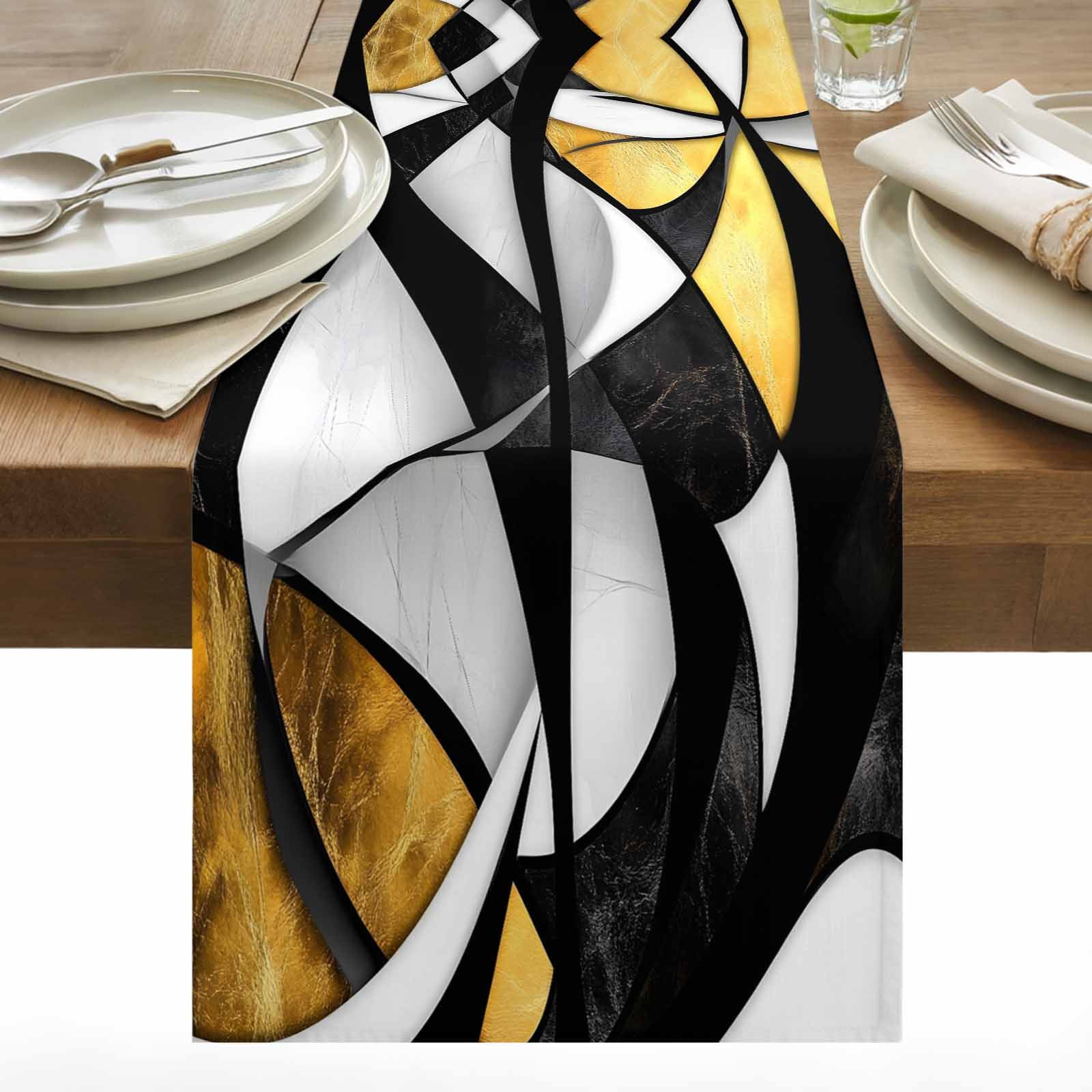 Geometric Black Gold Table Runner 13x90 inch Line Street Art Cotton ...