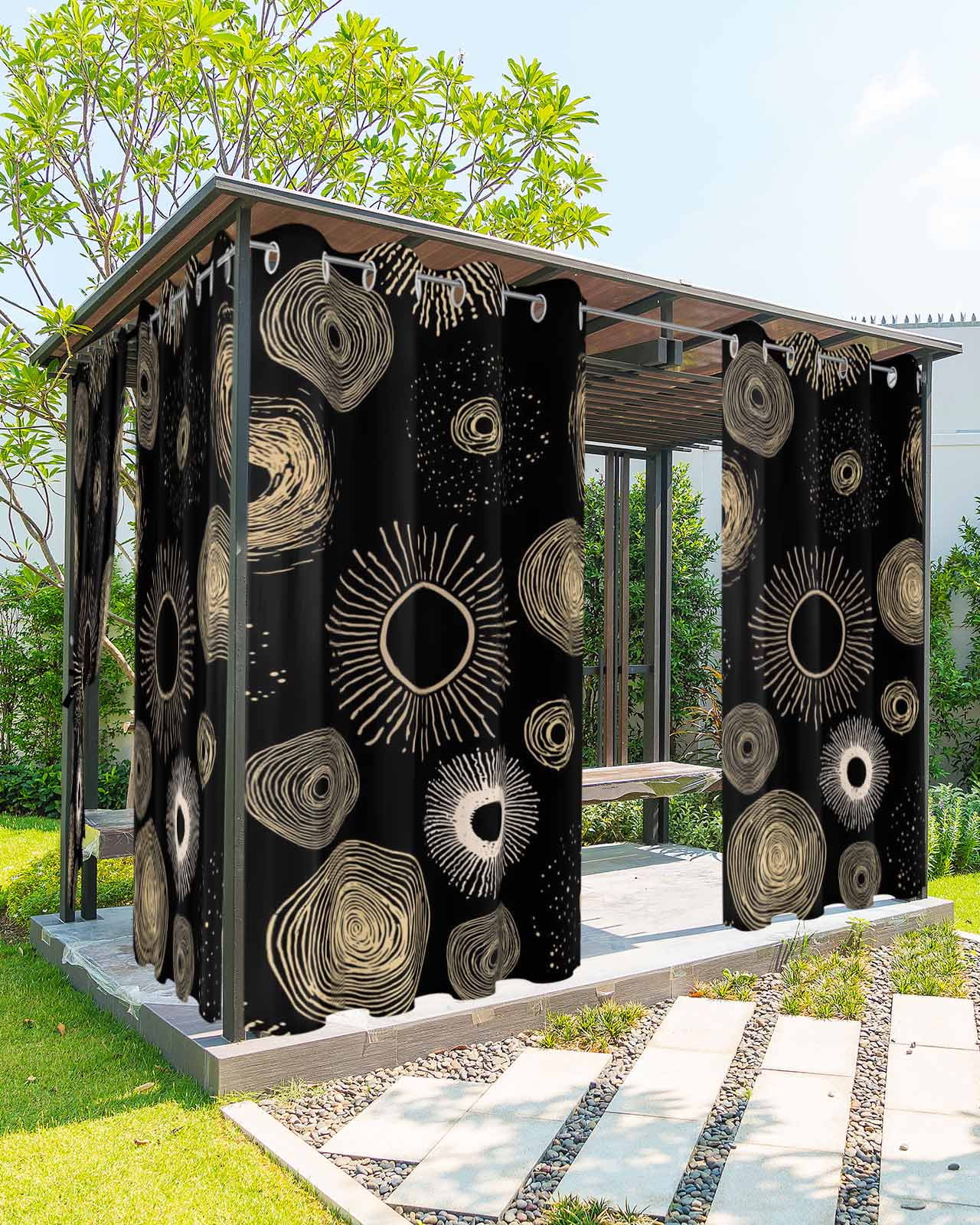 Geometric Black Outdoor Curtains for Patio, Abstract Goldeb White Boho ...