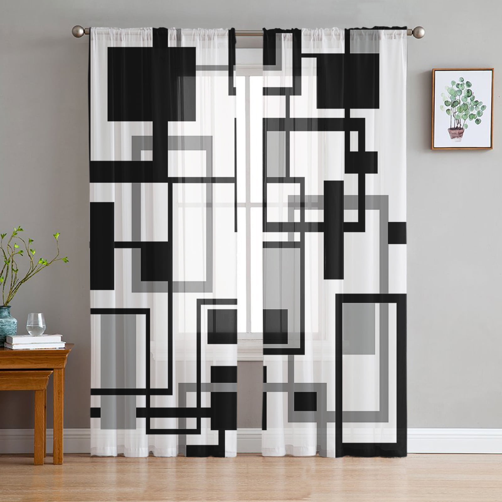 Geometric Black White Gray Sheer Curtains for Living Room ration Window ...