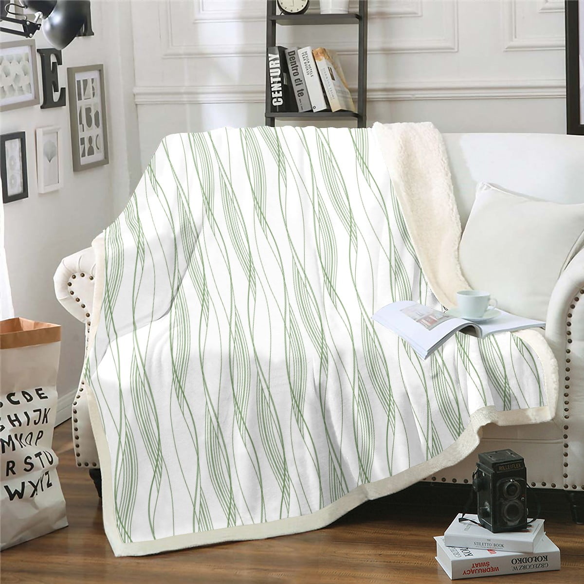 Geometric Blanket White Green Abstract Art Stripes Throw Blanket ,Retro ...