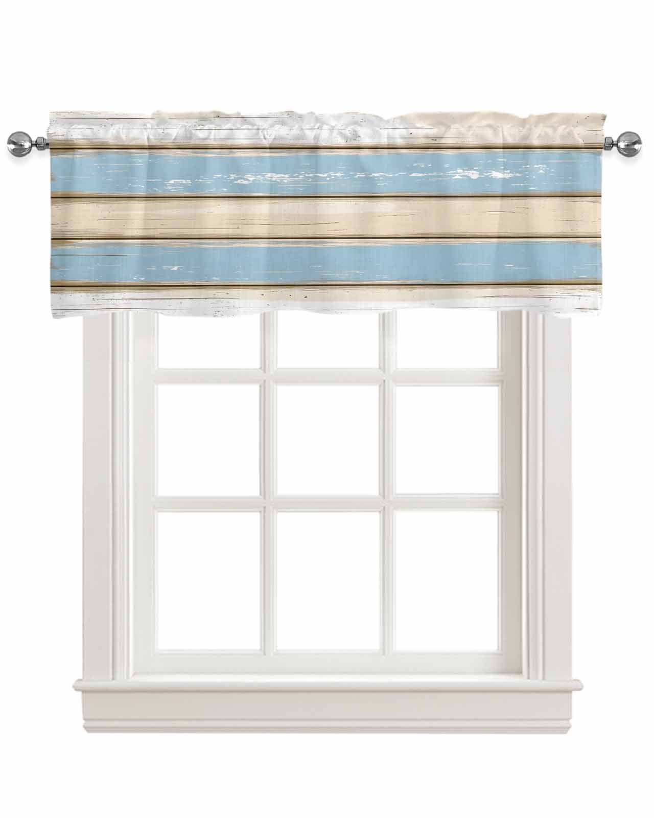 Geometric Blue Beige Kitchen Valances for Windows Farmhouse Linen ...