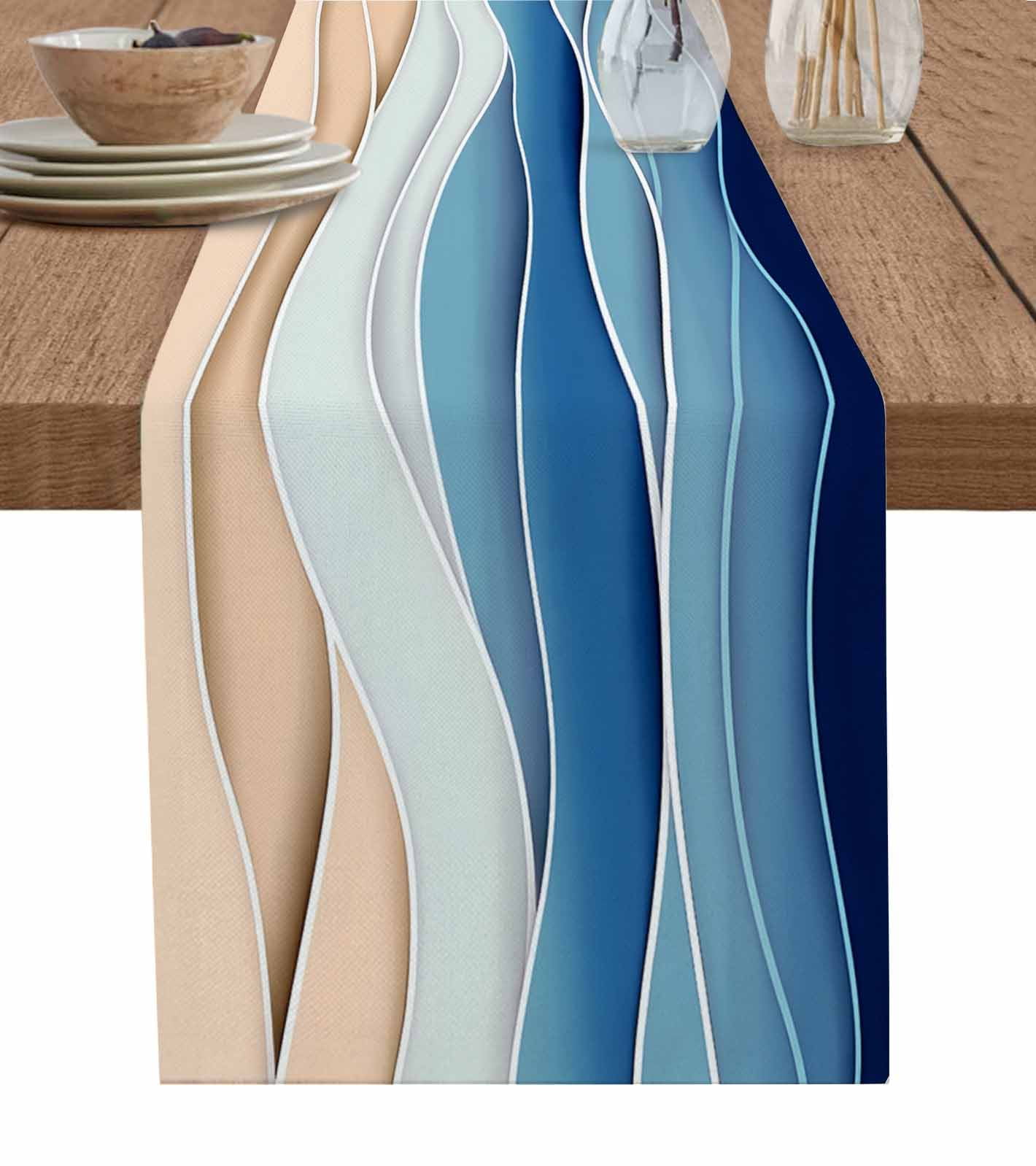 Geometric Blue Burlap Cotton Table Runner 13x120 Inches Long, Ocean ...