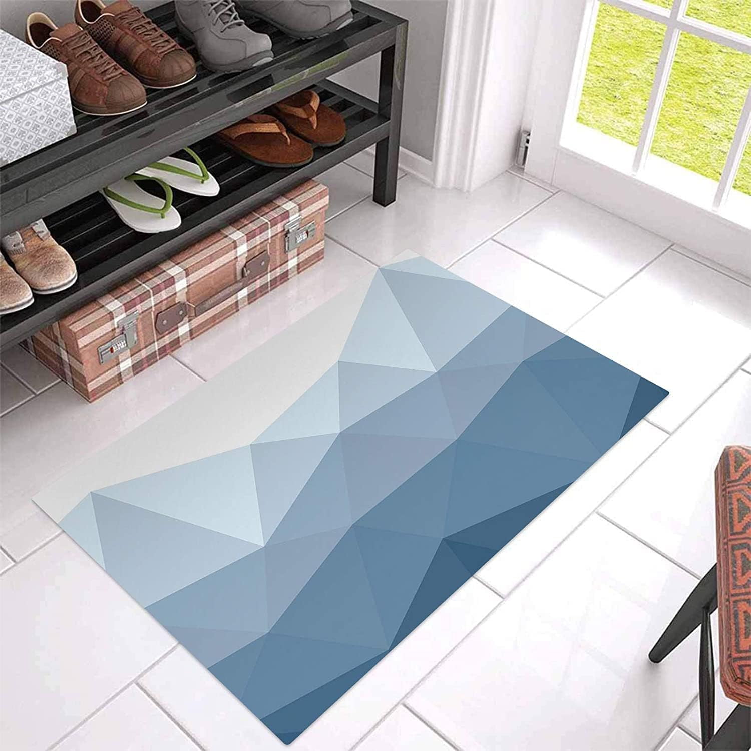 Geometric Blue Color Triangle on White Welcome Indoor Door Mats,Non ...