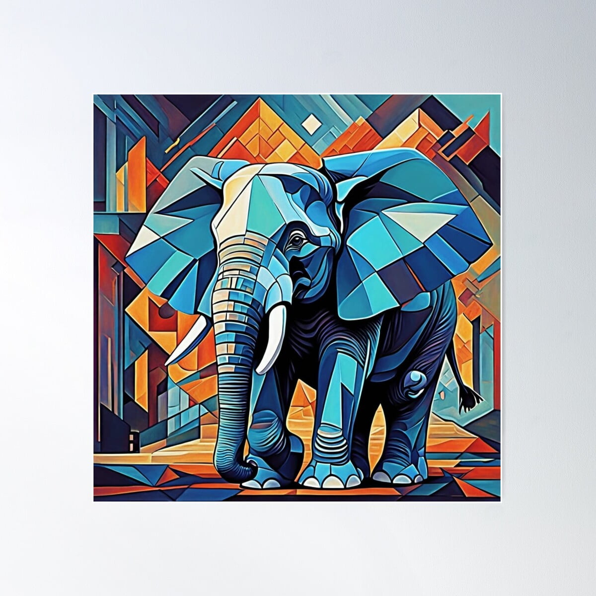 Geometric Blue Elephant Poster Wall Art, Modern Wall Decor For Living ...