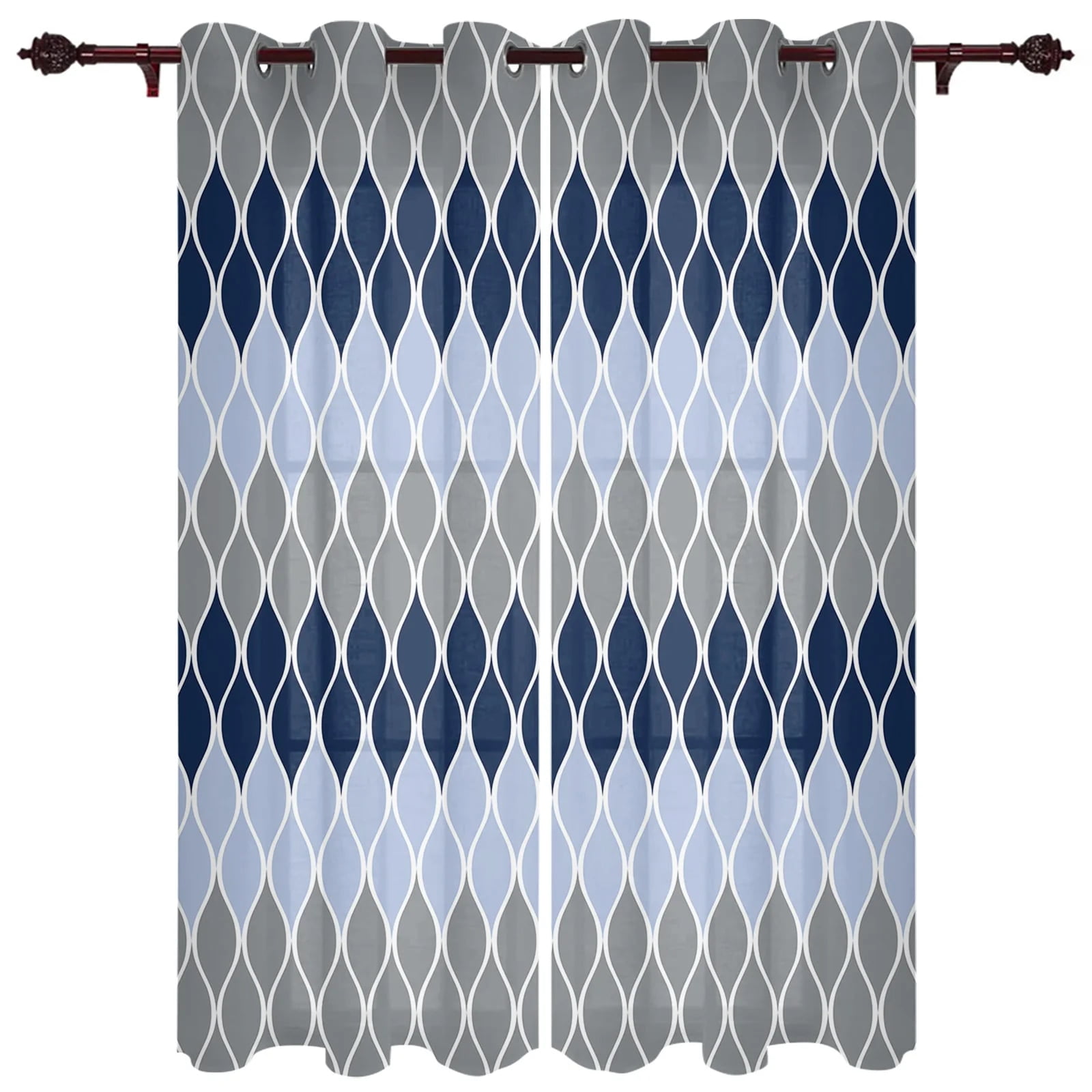 Geometric Blue Grey Medieval Print Window Curtains for Living Room ...