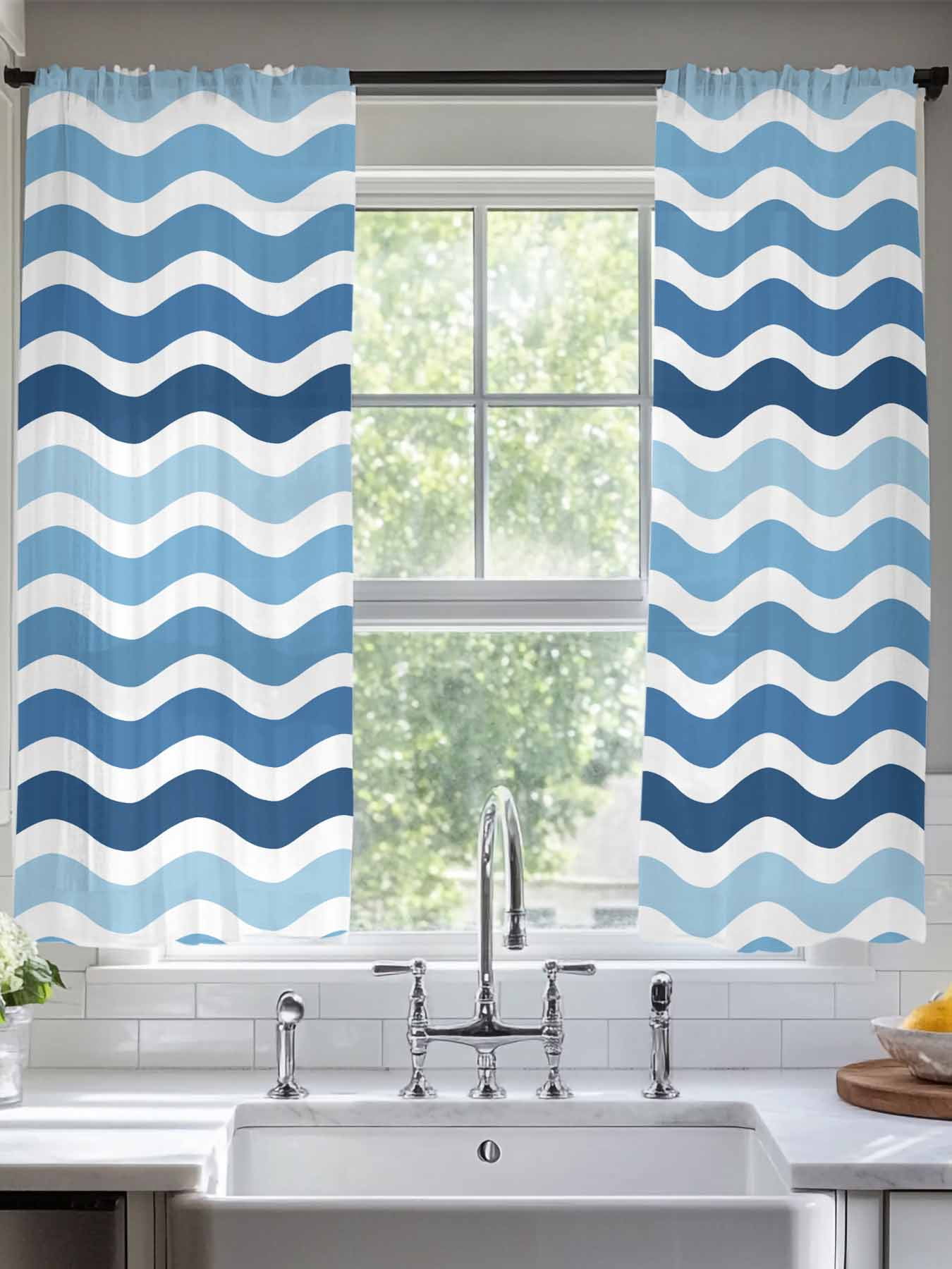 Geometric Blue Ombre Sheer Curtains for Living Room Bedroom Modern Gradient White Ocean Striped ...