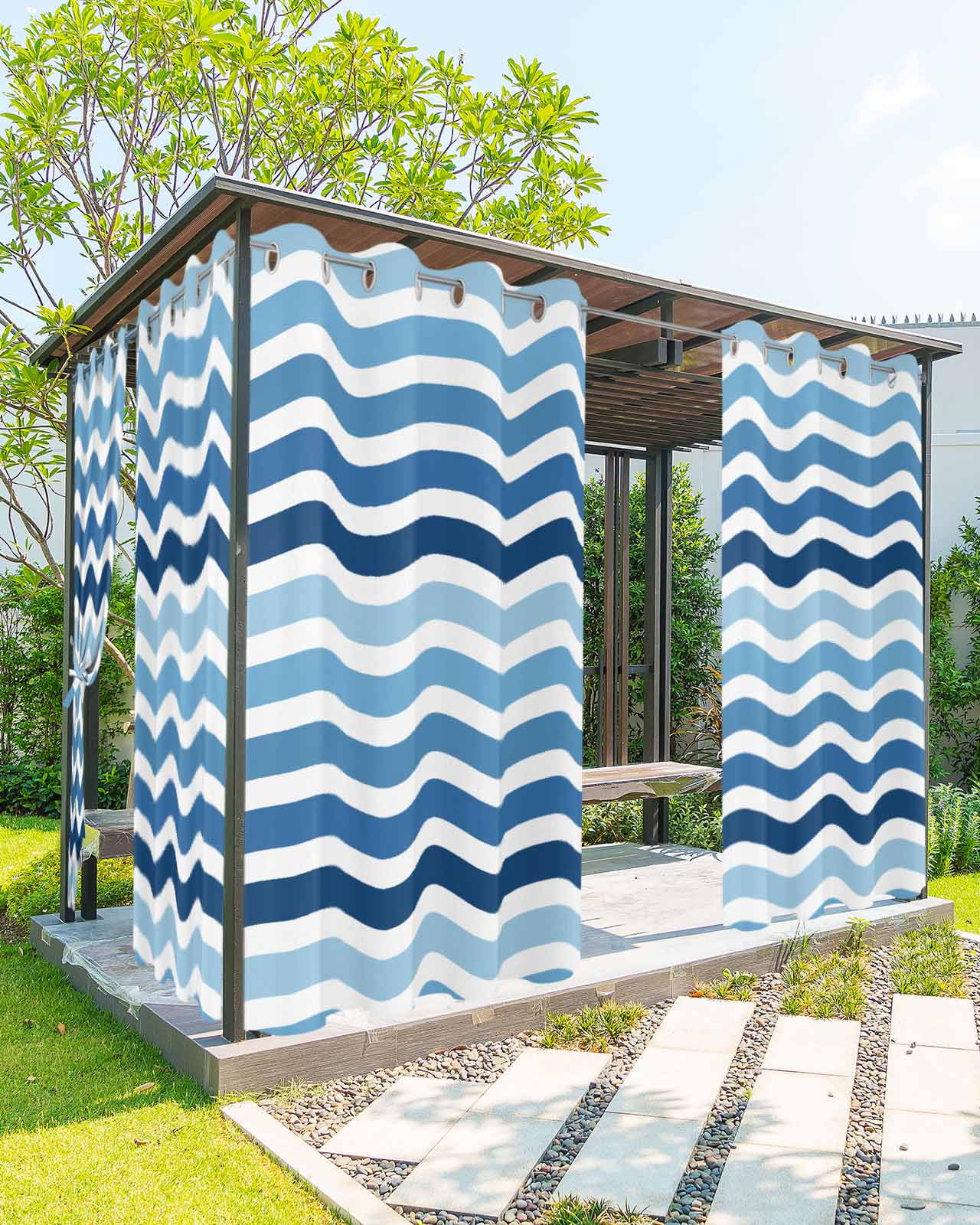 Geometric Blue Outdoor Curtains for Patio Waterproof, Modern Gradient ...