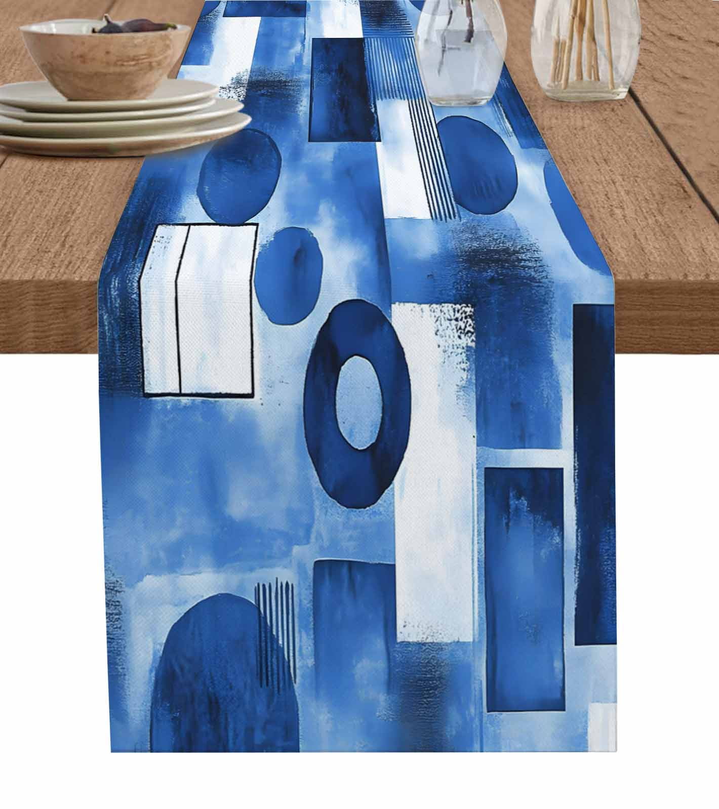 Geometric Blue Table Runner 72 Inches, Middle Century Vintage Art ...