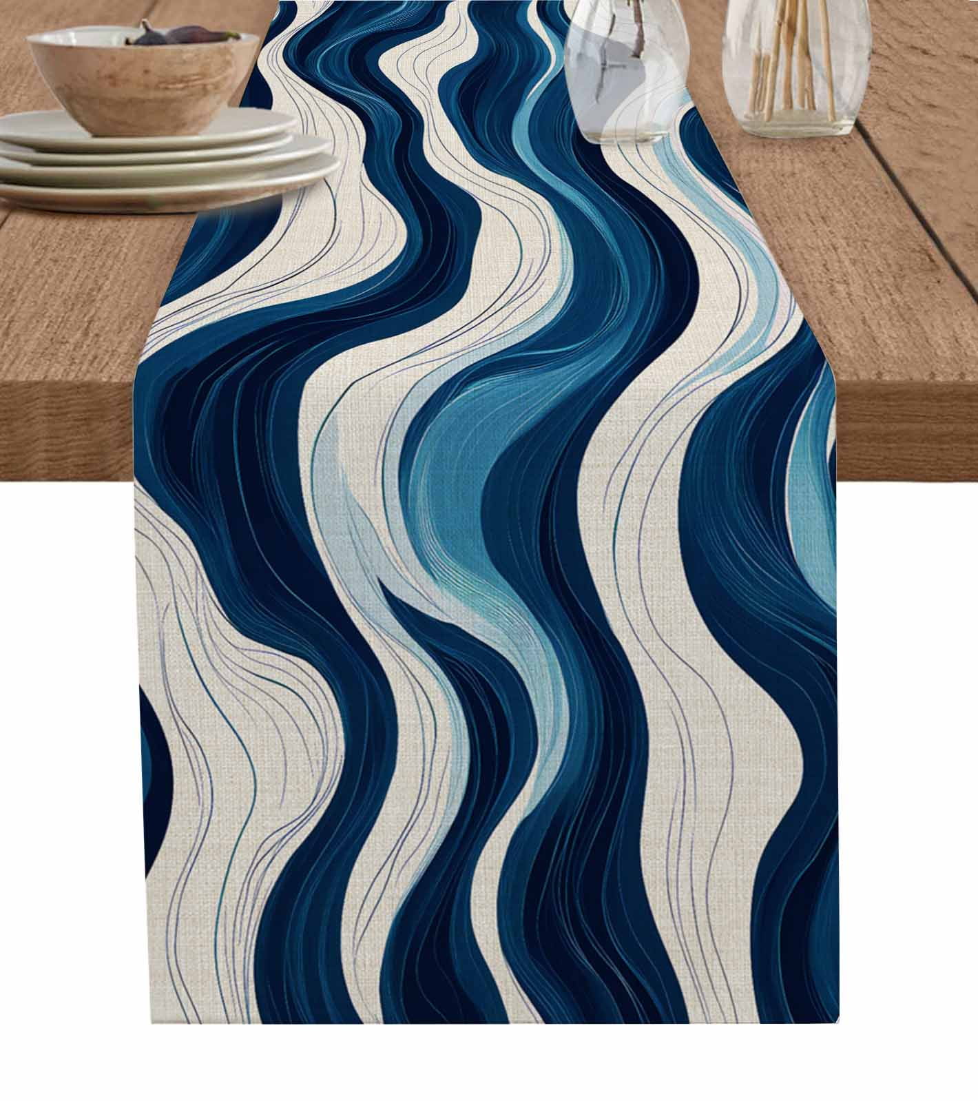 Geometric Blue Table Runner 72 Inches, Vintage White Stripe Coastal Sea ...