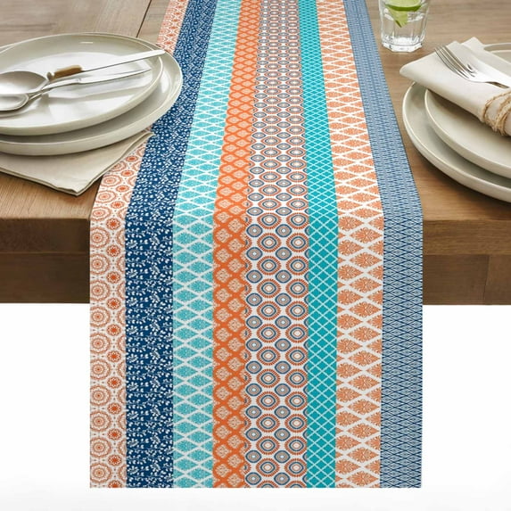 Geometric Bohemia Table Runner 13x90 inch Stripes Orange Turquoise and ...