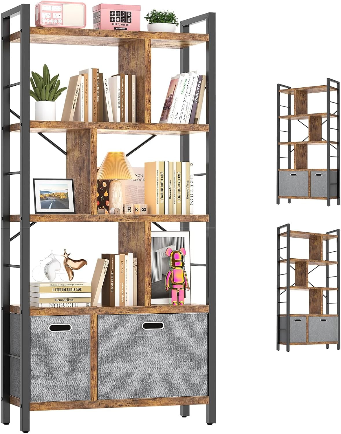 Geometric Book Shelf with Drawers - 5 Tier Tall Bookcase Modern ...