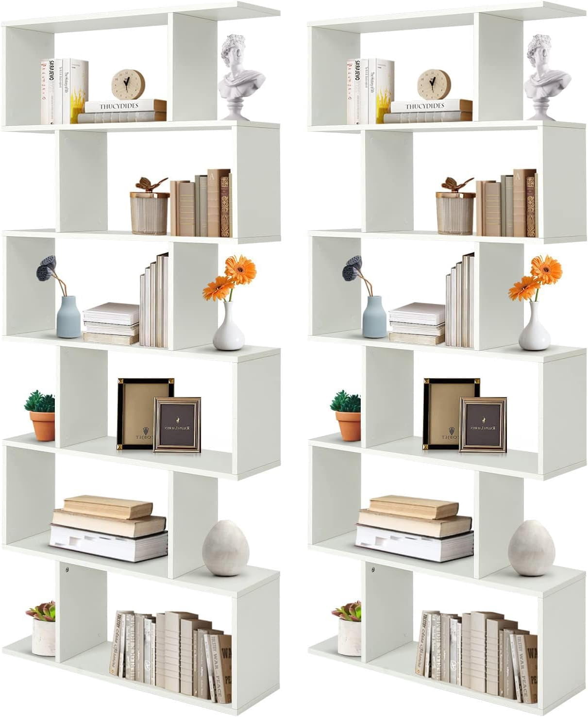 Geometric Bookcase S-Shaped Wooden Bookshelf 6-Tier Freestanding ...