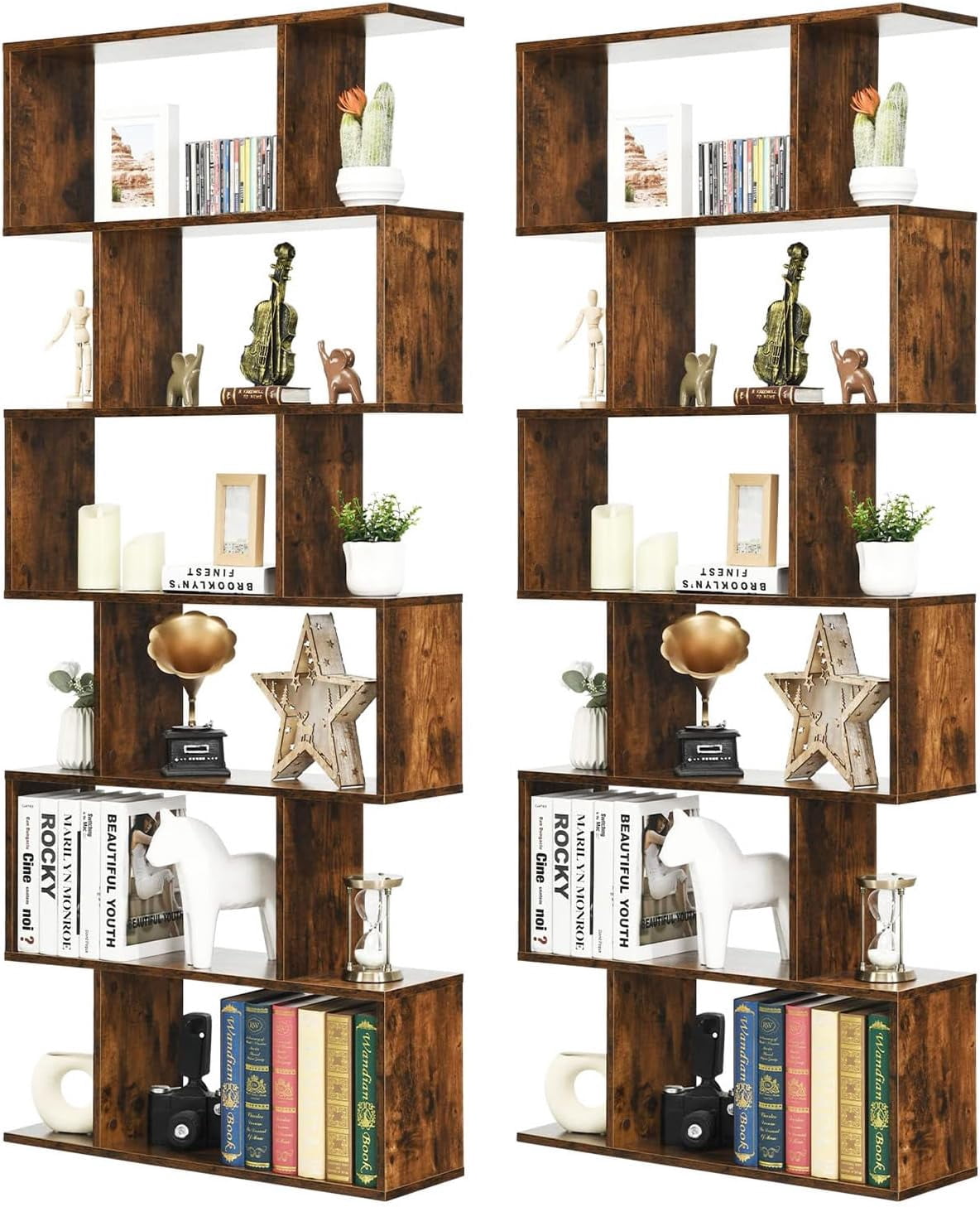 Geometric Bookcase Set of 2 S-Shaped Wooden Bookshelf 6-Tier Modern ...
