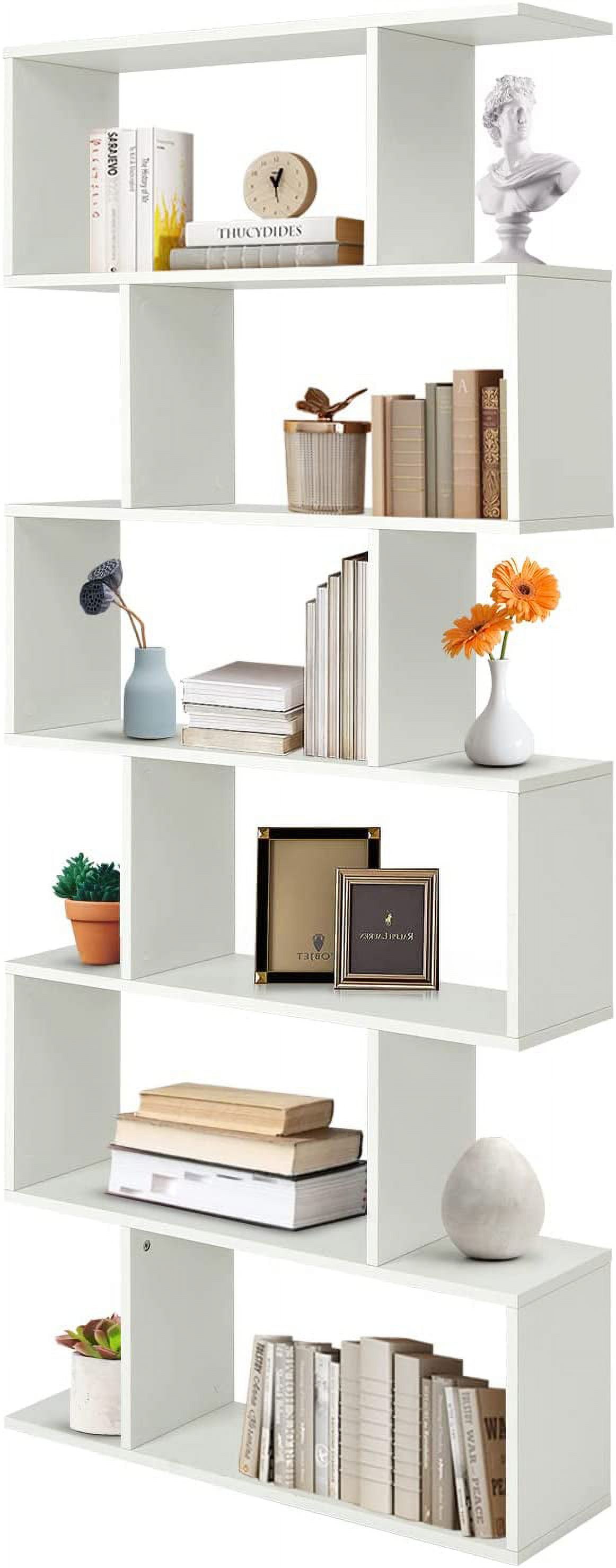 Geometric Bookcase White, S-Shaped Wooden Bookshelf, 6-Tier Modern ...