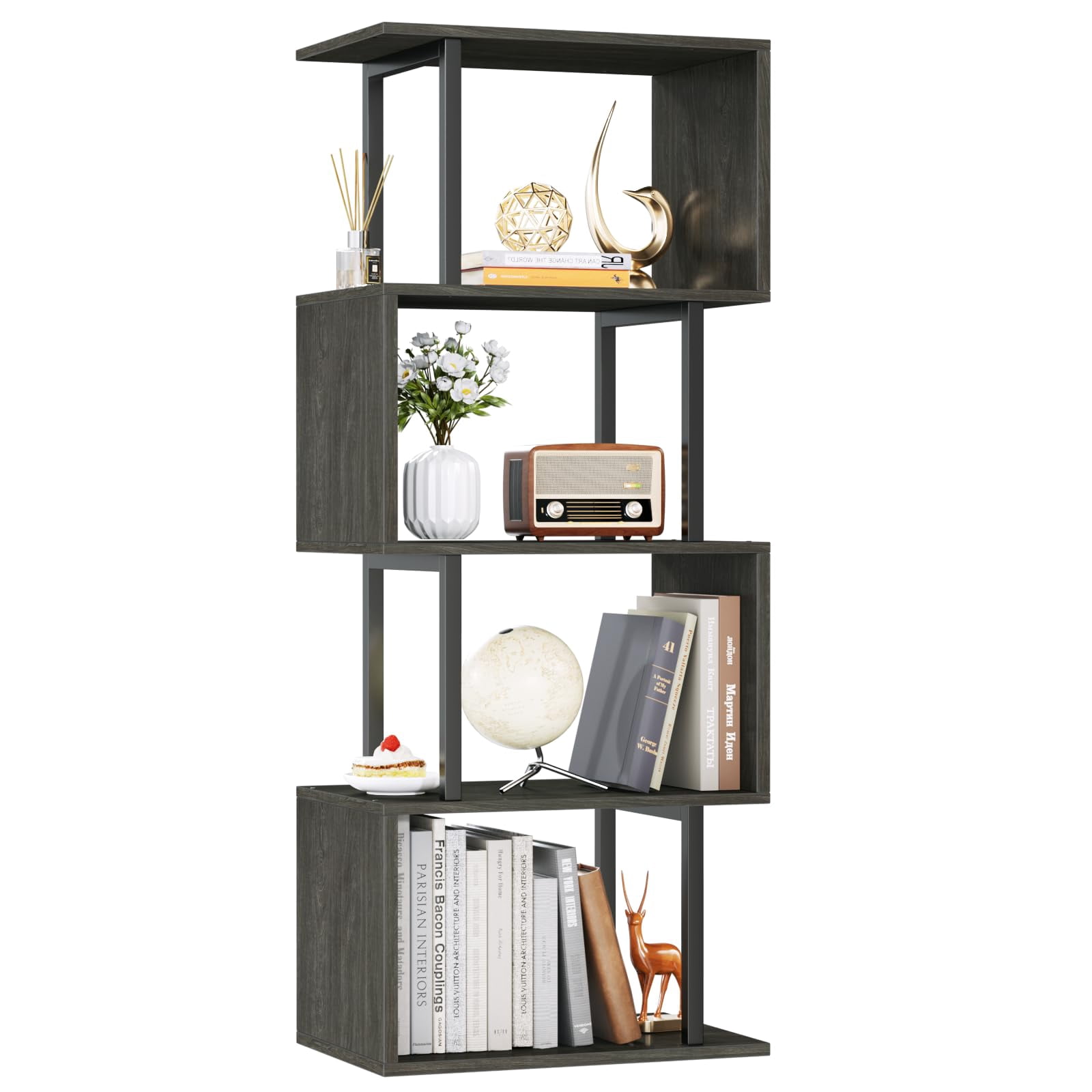 Geometric Bookshelf 5 Tier Bookcase, Industrial S-Shaped Display ...